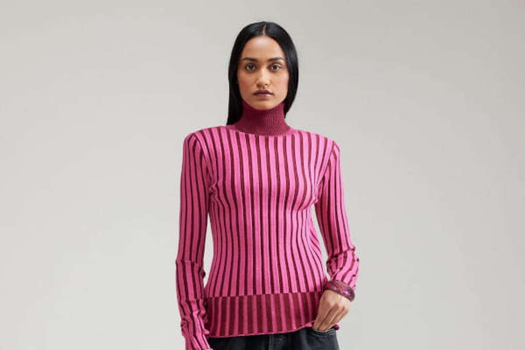 Pull côtelé rose et bordeaux