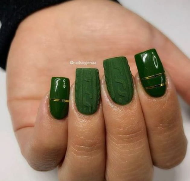 Nail art ongles effet pull kaki