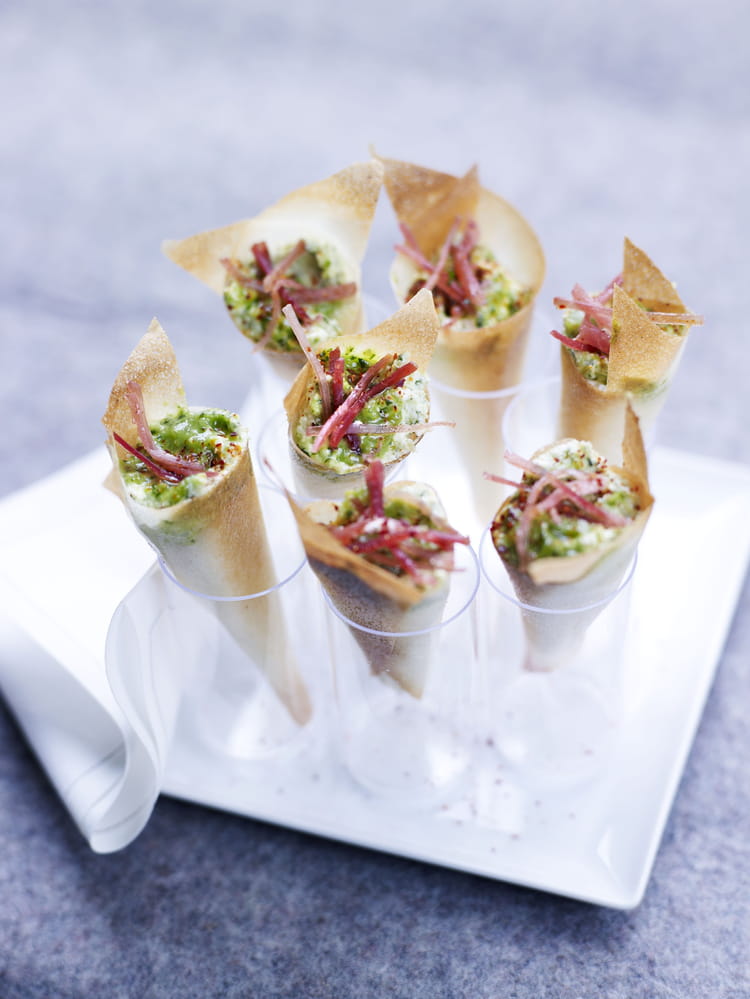 Recette de Cornet croustillant de jambon Serrano, mousse de chèvre au ...