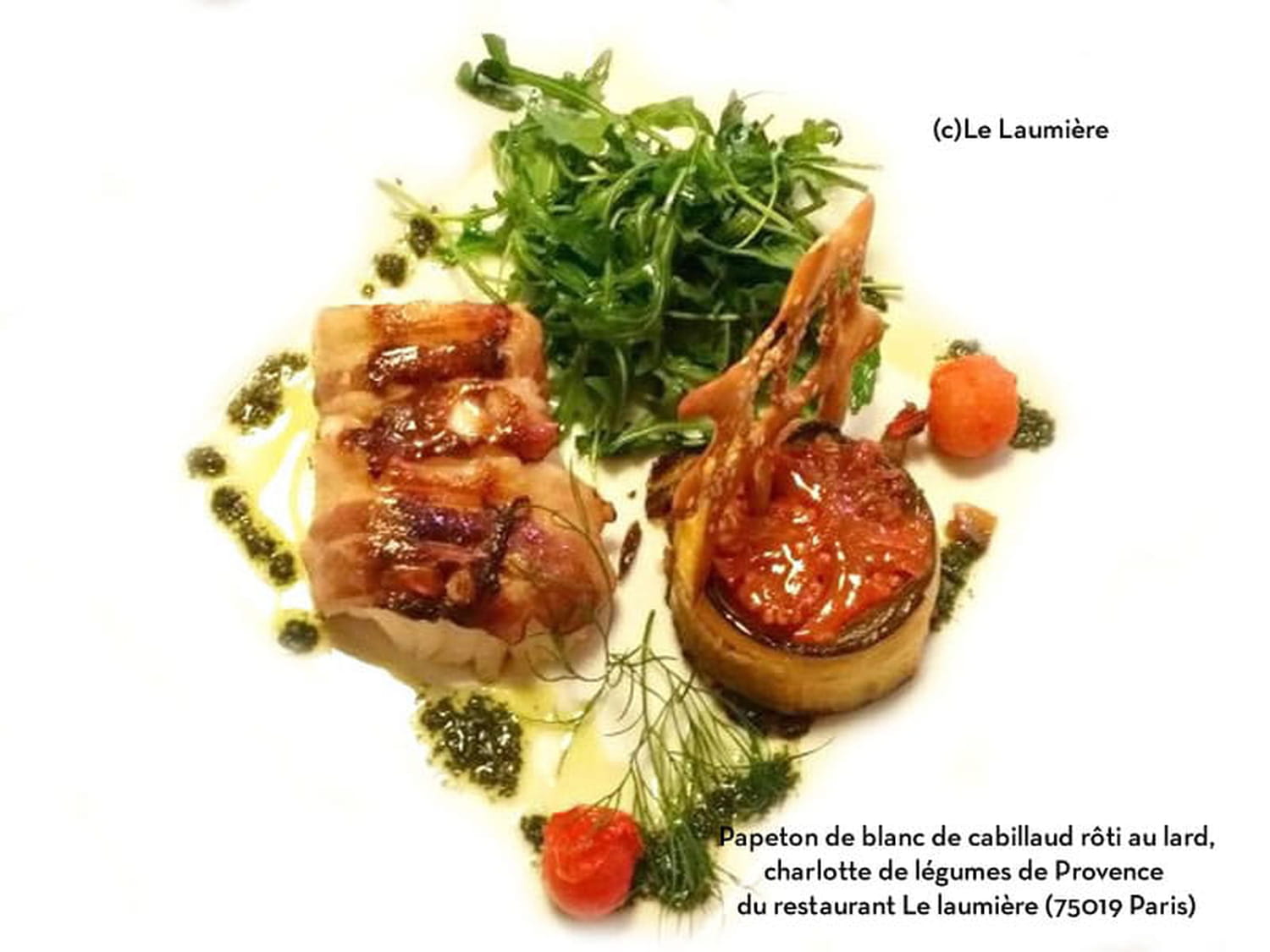 Papeton de blanc de cabillaud rôti au lard, charlotte de légumes de ...
