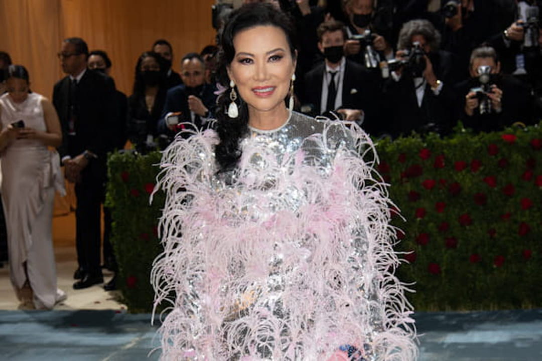 Wendi Deng dans une robe argentée à plumes roses