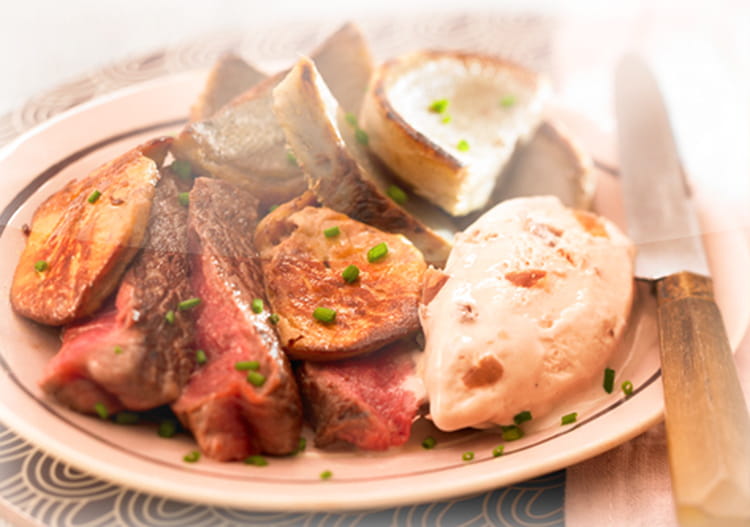 Emincé de boeuf au foie gras et glace marron