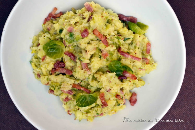 Stoemp aux choux de Bruxelles, aux lardons et à la moutarde