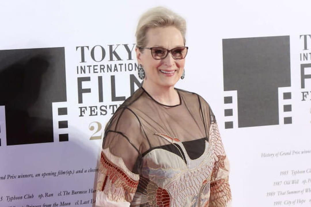 Meryl Streep en robe mi-longue transparente imprimée Valentino