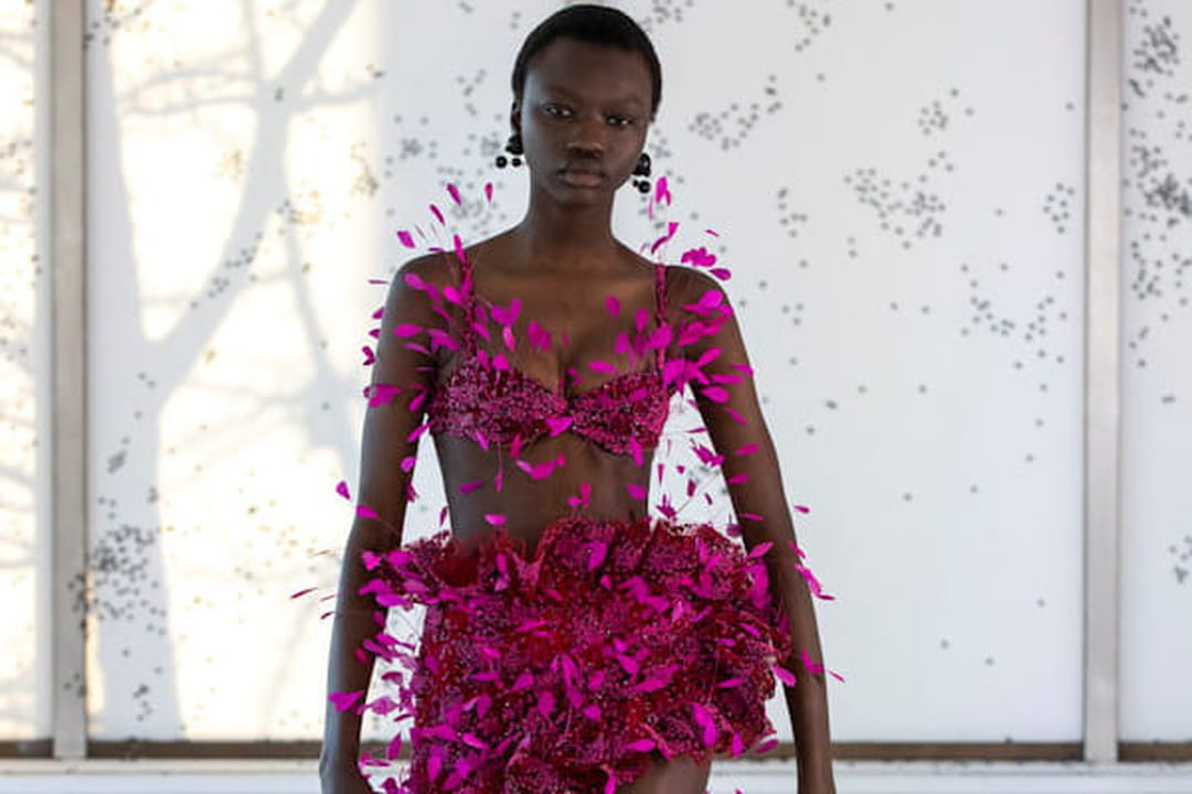 Minijupe et soutien-gorge à plumes aperçus sur le défilé Area