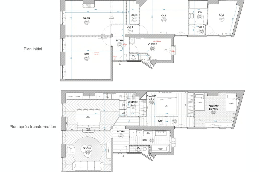 Les plans de l'existant et du projet