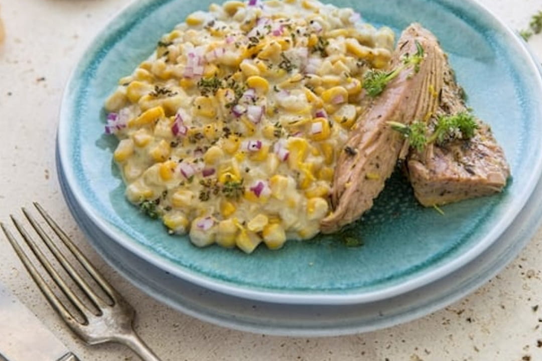 Filet de thon mariné thym et citron, maïs à la crème de pecorino