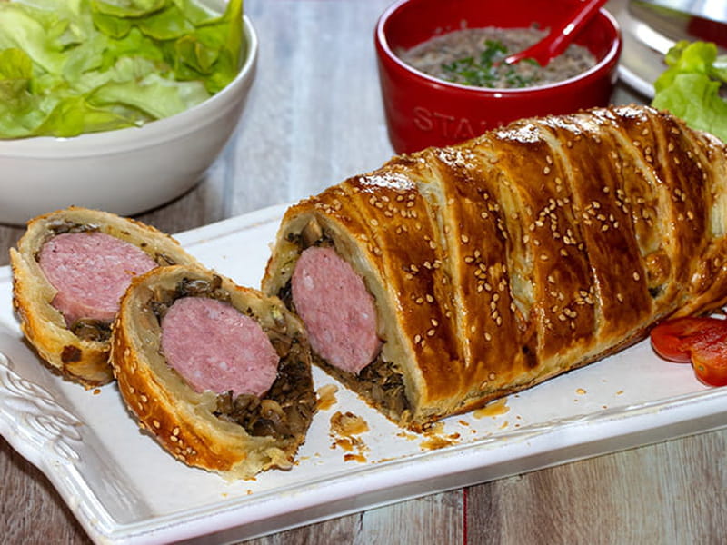 Recette de Saucisson lyonnais feuilleté et sa duxelle de champignons